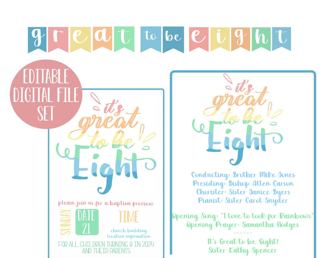 Great to Be Eight Printable Set Invite, Program, and Banner Instant Download Editable Files for ...