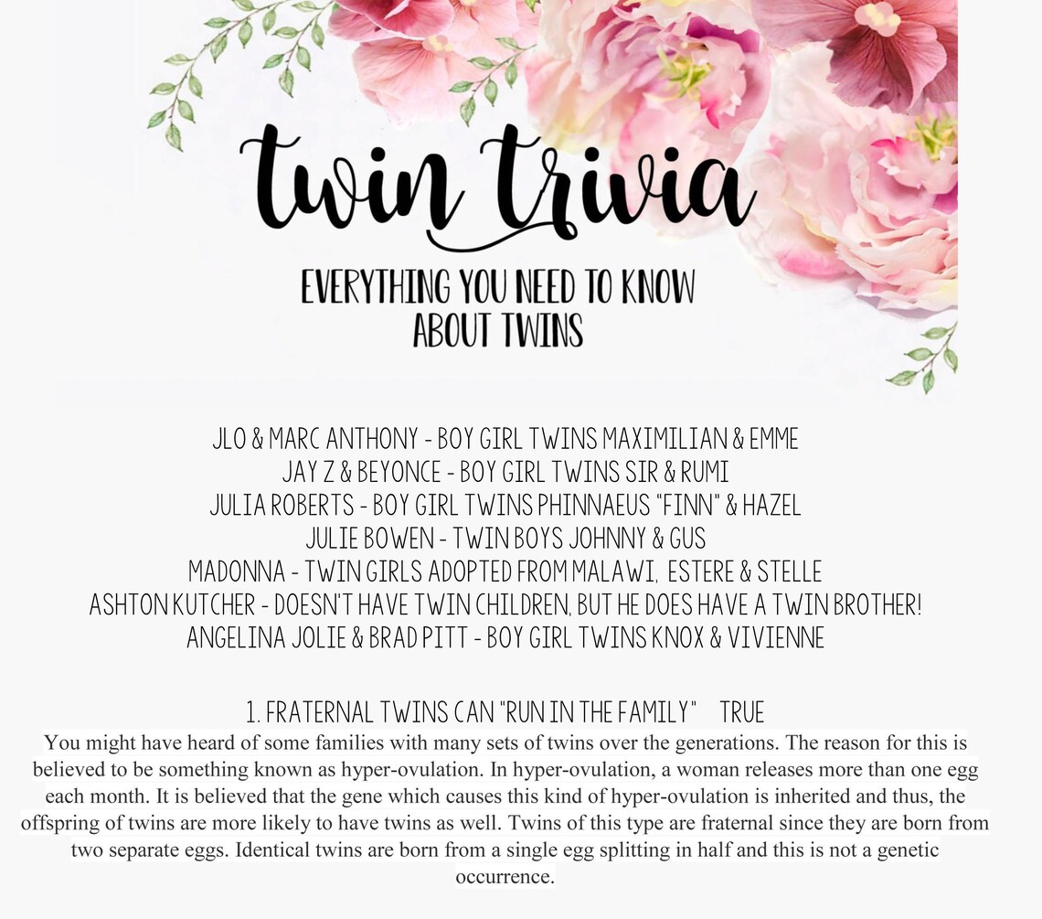 Twin Baby Shower Game : Twin Trivia Questions - Instant Download - From ...