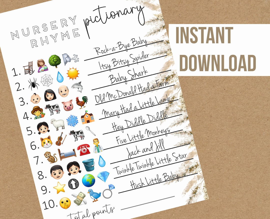 Baby Shower Emoji Pictionary Game - With Answers - Nursery Rhymes Songs ...