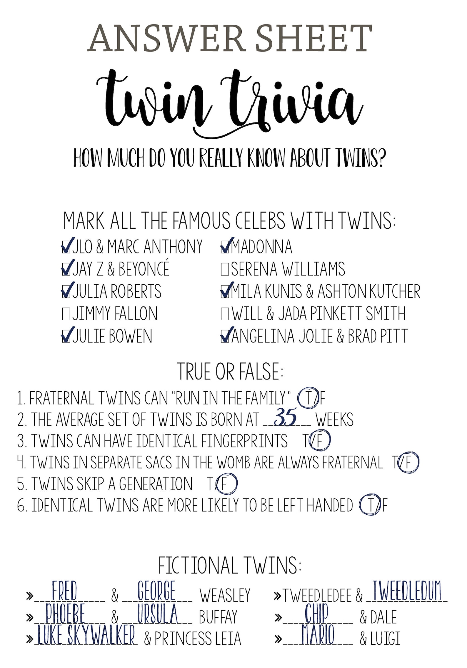 Twin Baby Shower Game : Twin Trivia Questions With Forest - Etsy