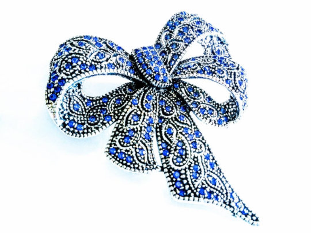 BLUE BOW BROOCH so Beautiful & Bright Crystal Pin/accessory. Faceted ...