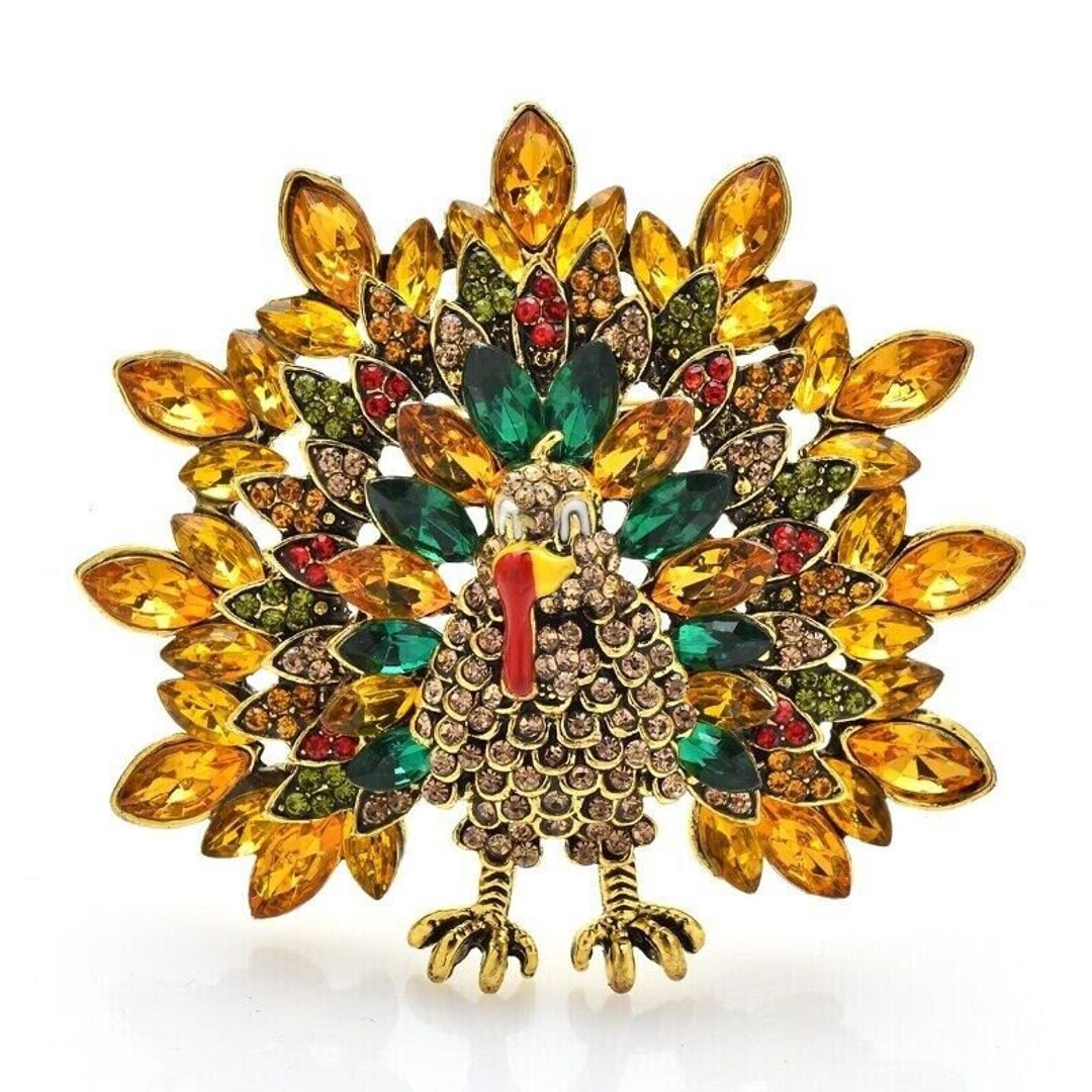 CRYSTAL TURKEY BROOCH in Full Glory Fab Holiday Animal Pin - Etsy