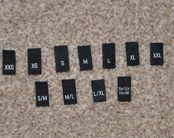 100 Clothing Garment Sizes Woven Labels S, M, L Etc Black Text on White ...