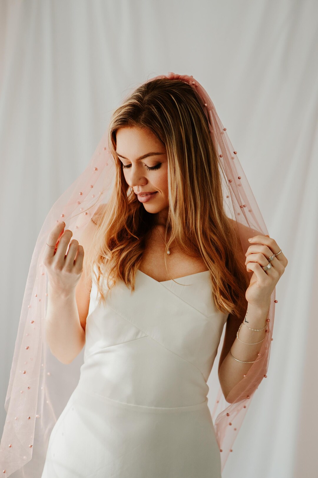 Zadie Pink Pearl Veil | Fingertip Rose Pink Veil - Etsy