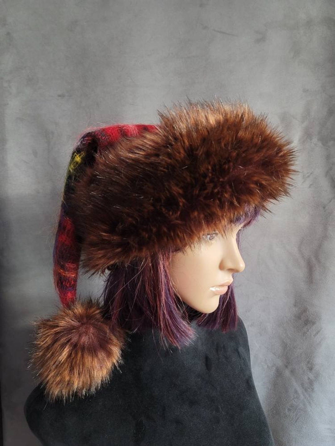 LAST HAT Short Chunky Red Plaid Mohair Santa Hat With Faux Grizzly ...