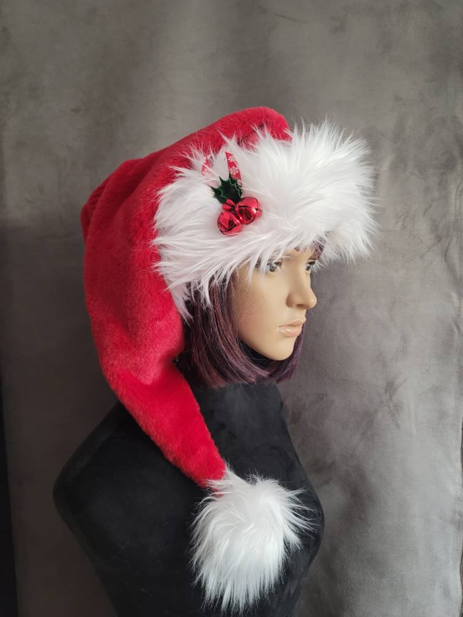 Deep Red Stocking Santa Hat With White Shaggy Trim With Bells - Etsy