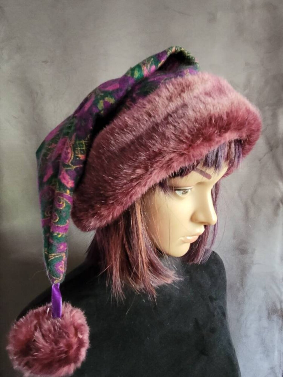 Purple and Emerald Green Yak Wool Santa Hat With Plum Fur Trim - Etsy