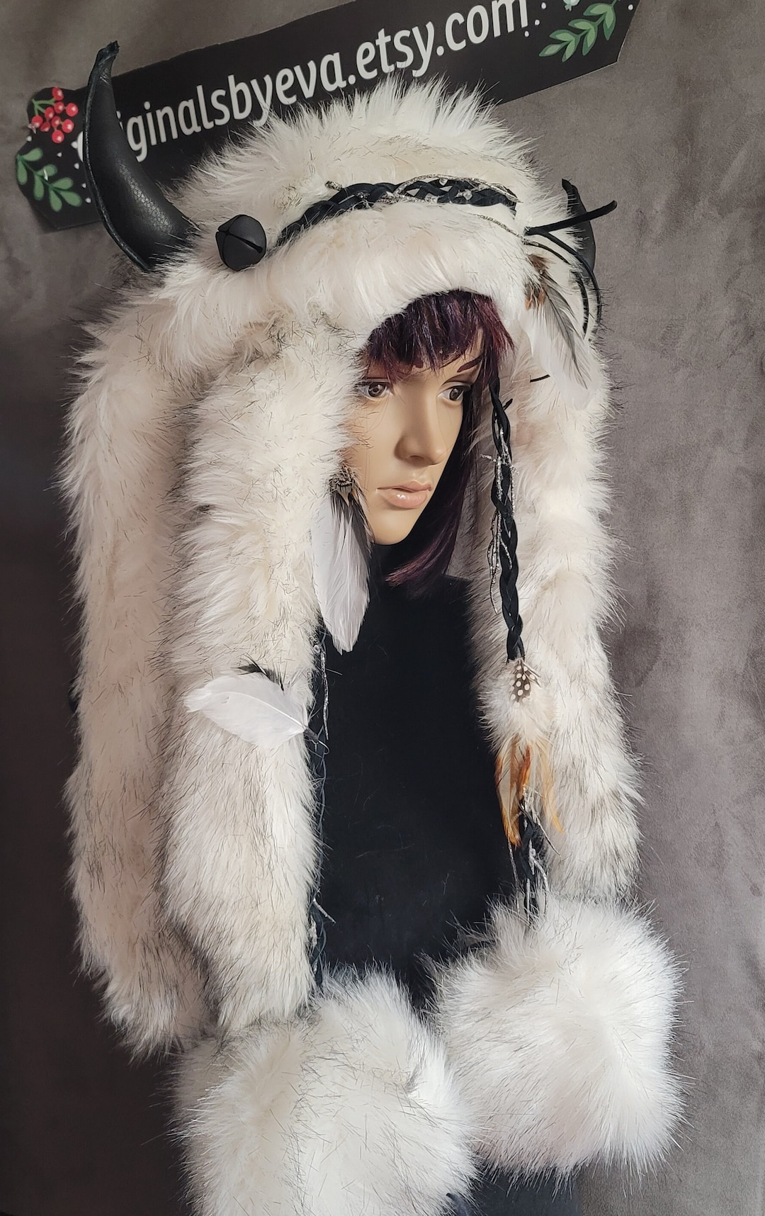 White Trapper Hat With Black Horns Buffalo Headdress, White Viking ...