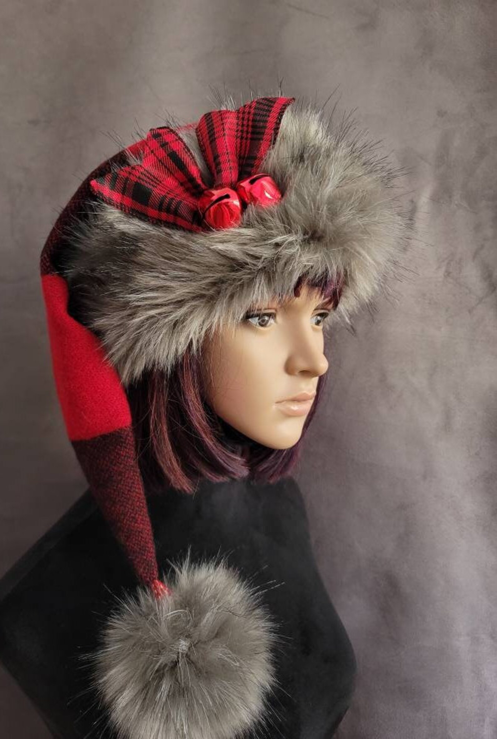 Buffalo Plaid Wool Santa Hat With Gray Fur Trim and Red Bells - Etsy