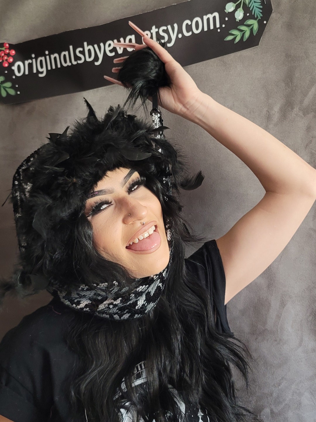 Silver and Black Sequin Leopard Santa Hat With Black Feather Trim - Etsy