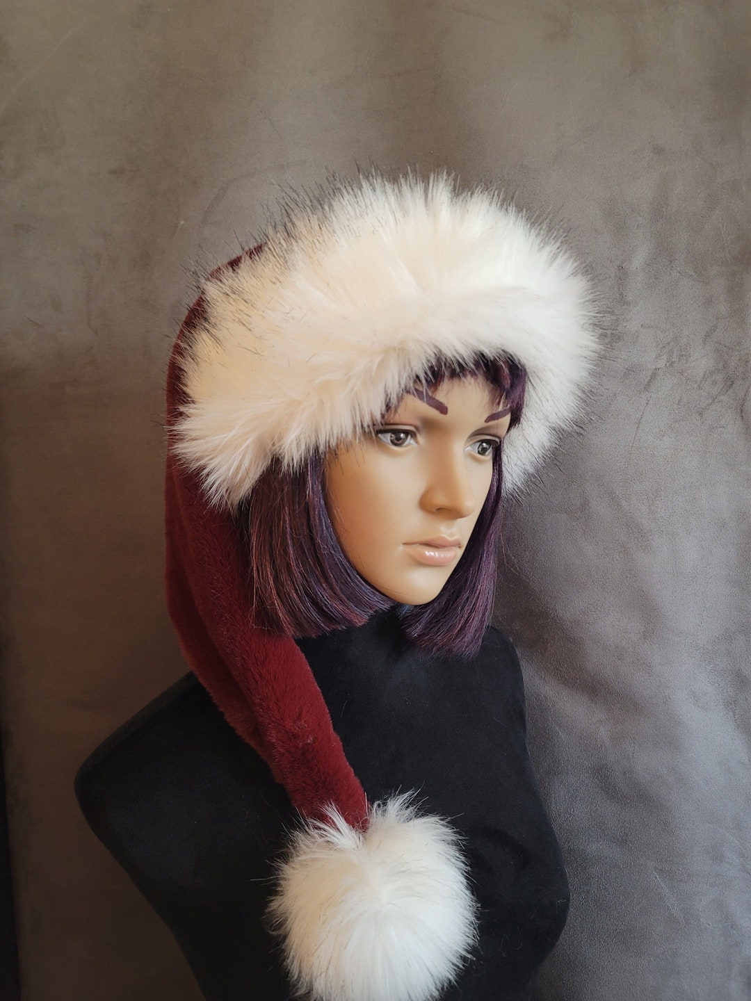 Burgundy Santa Hat With Faux Husky Trim - Etsy