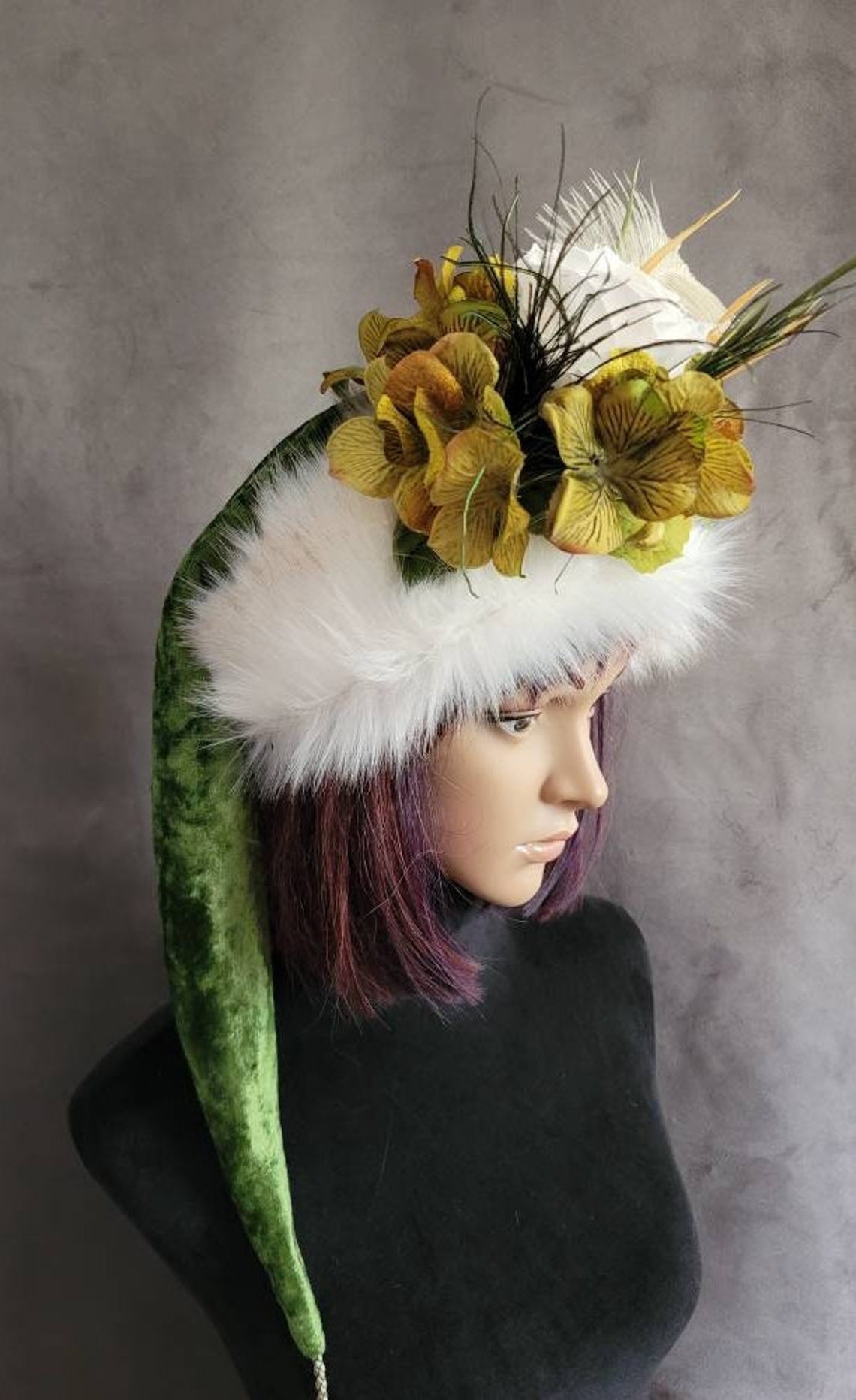 Mossy Green Velvet Victorian Santa Hat With Tassel Pom - Etsy