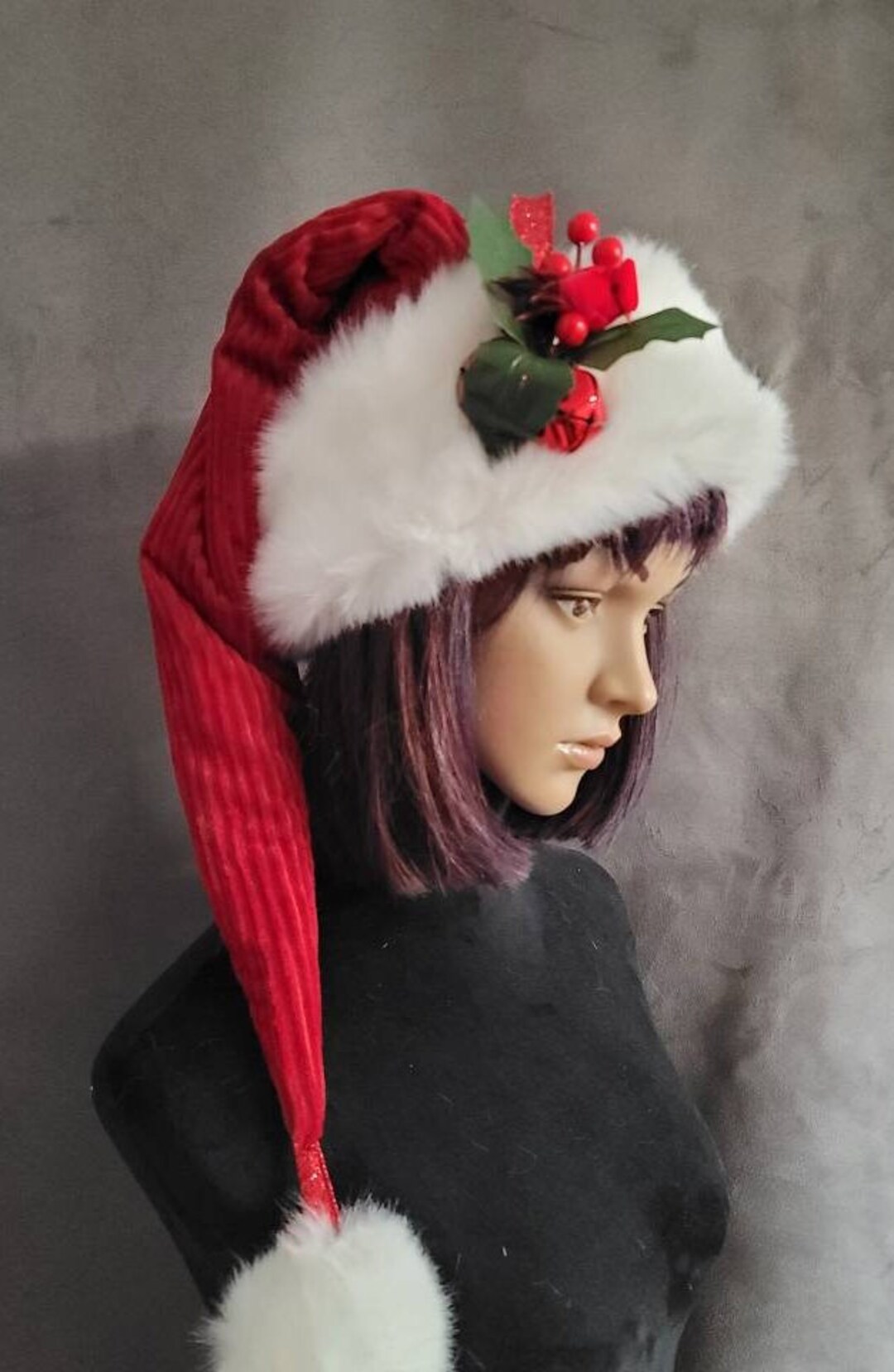 Deep Red Corduroy Santa Hat With Tiny Red Bird and Bells - Etsy