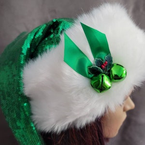 Christmas Green Sequin Santa Hat With Luxurious White Trim and Bells ...