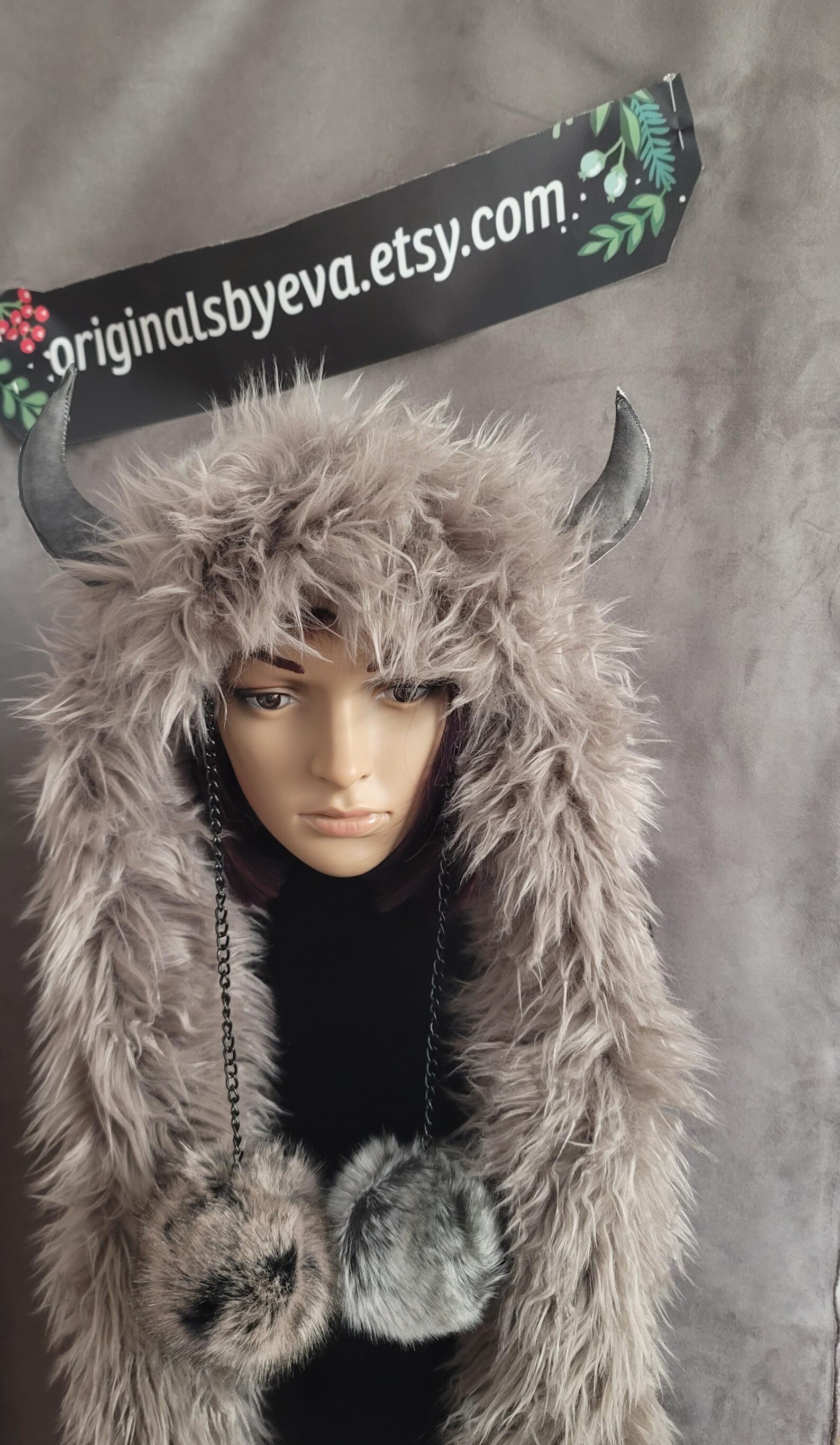 Medieval Warrior Gray Buffalo Trapper Hat With Horns, Wooden Shield for ...