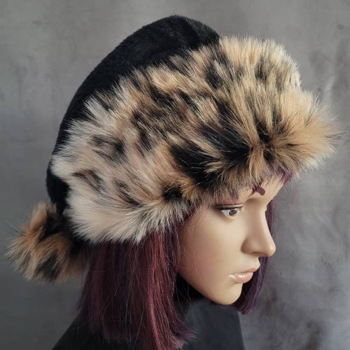 Snow Leopard Faux Fur Santa Hat With Brown and White Trim - Etsy