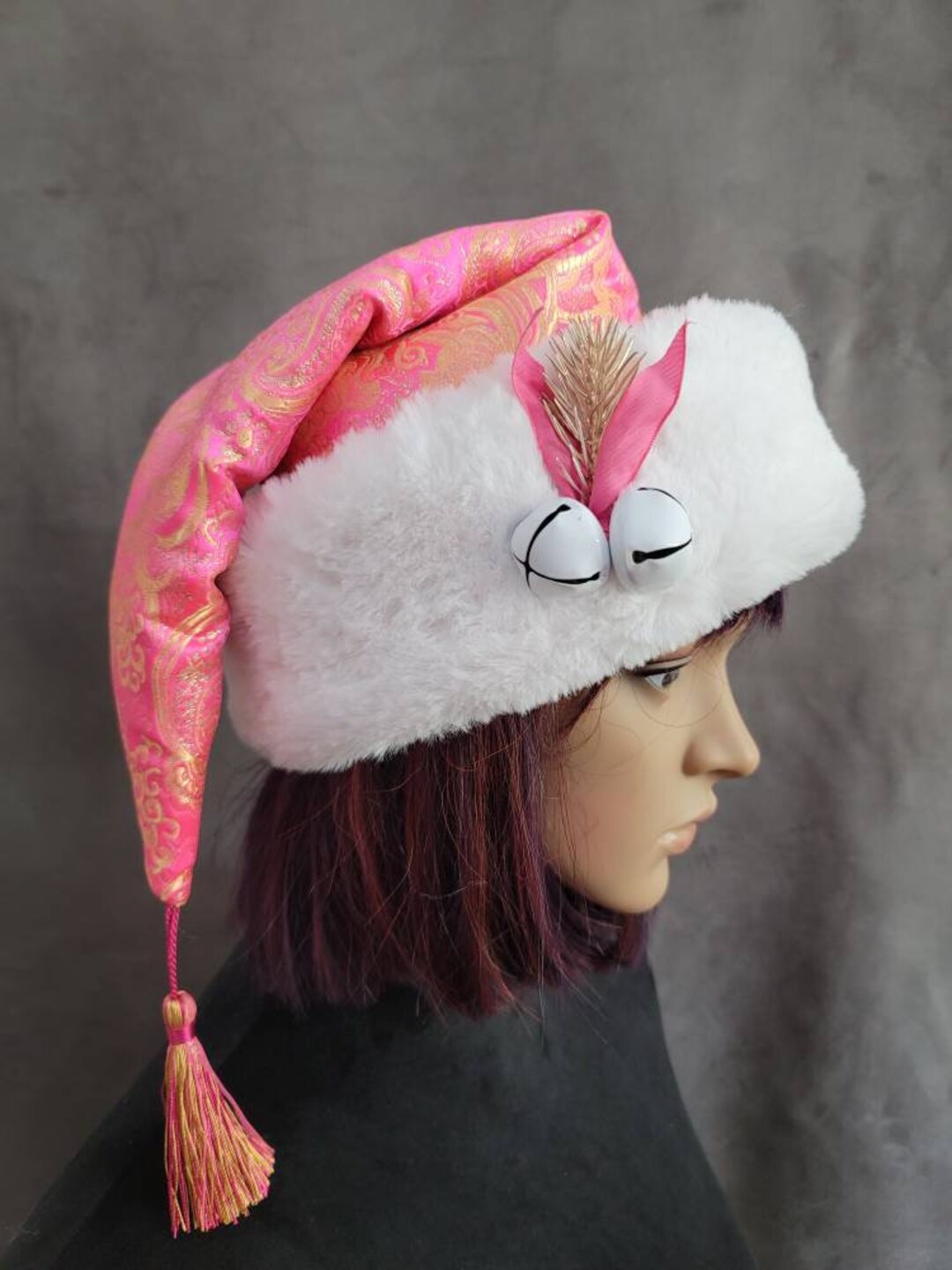Pink Brocade Santa Hat With White Trim and Tassel Pom - Etsy