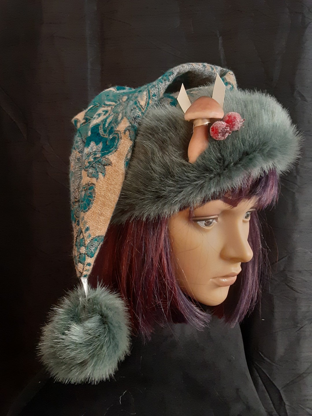 LAST ONES Teal and Gray Paisley Wool Santa Hat With Trim Options, Small ...