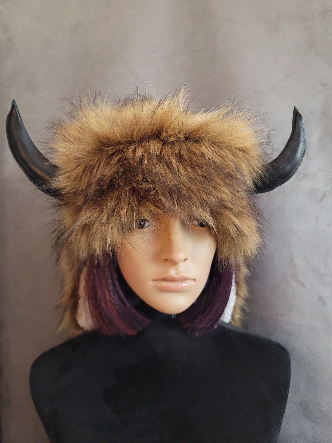 Brown Buffalo Headdress-trapper Hat With Horns - Etsy