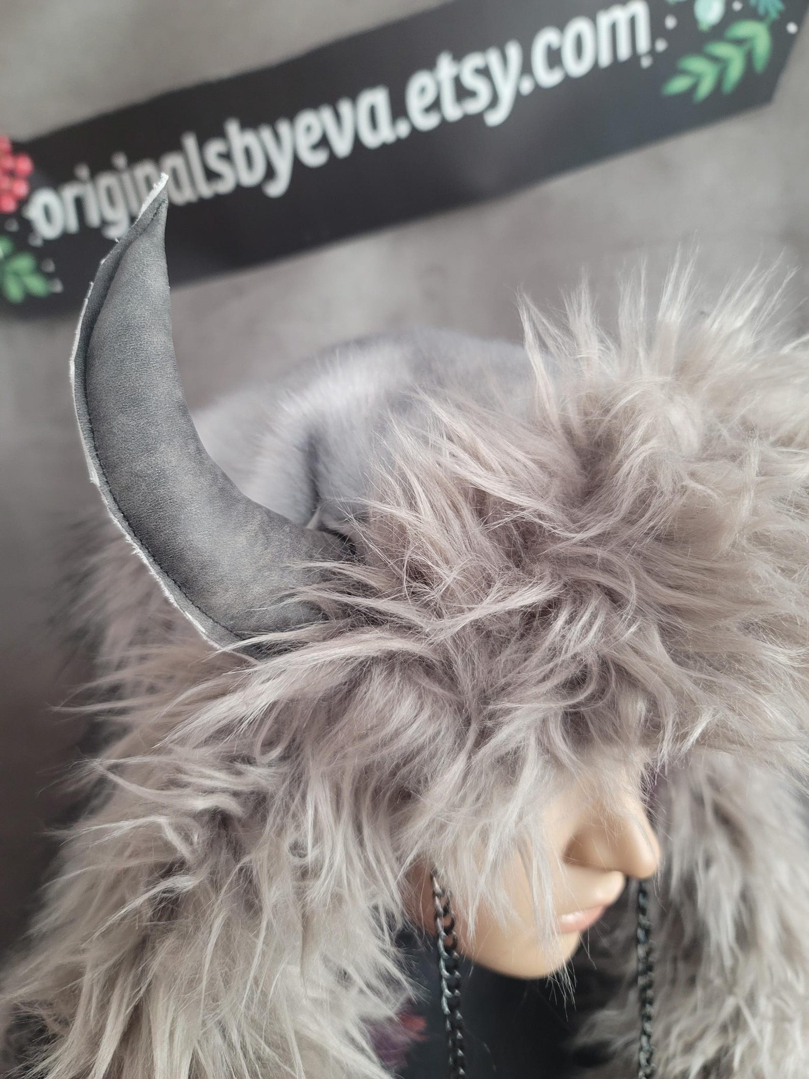 Medieval Warrior Gray Buffalo Trapper Hat With Horns, Wooden Shield for ...