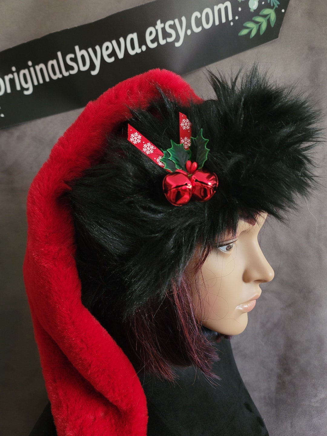 Festive Red Holiday Hat With Black Shaggy Detail and Optional Jingling ...
