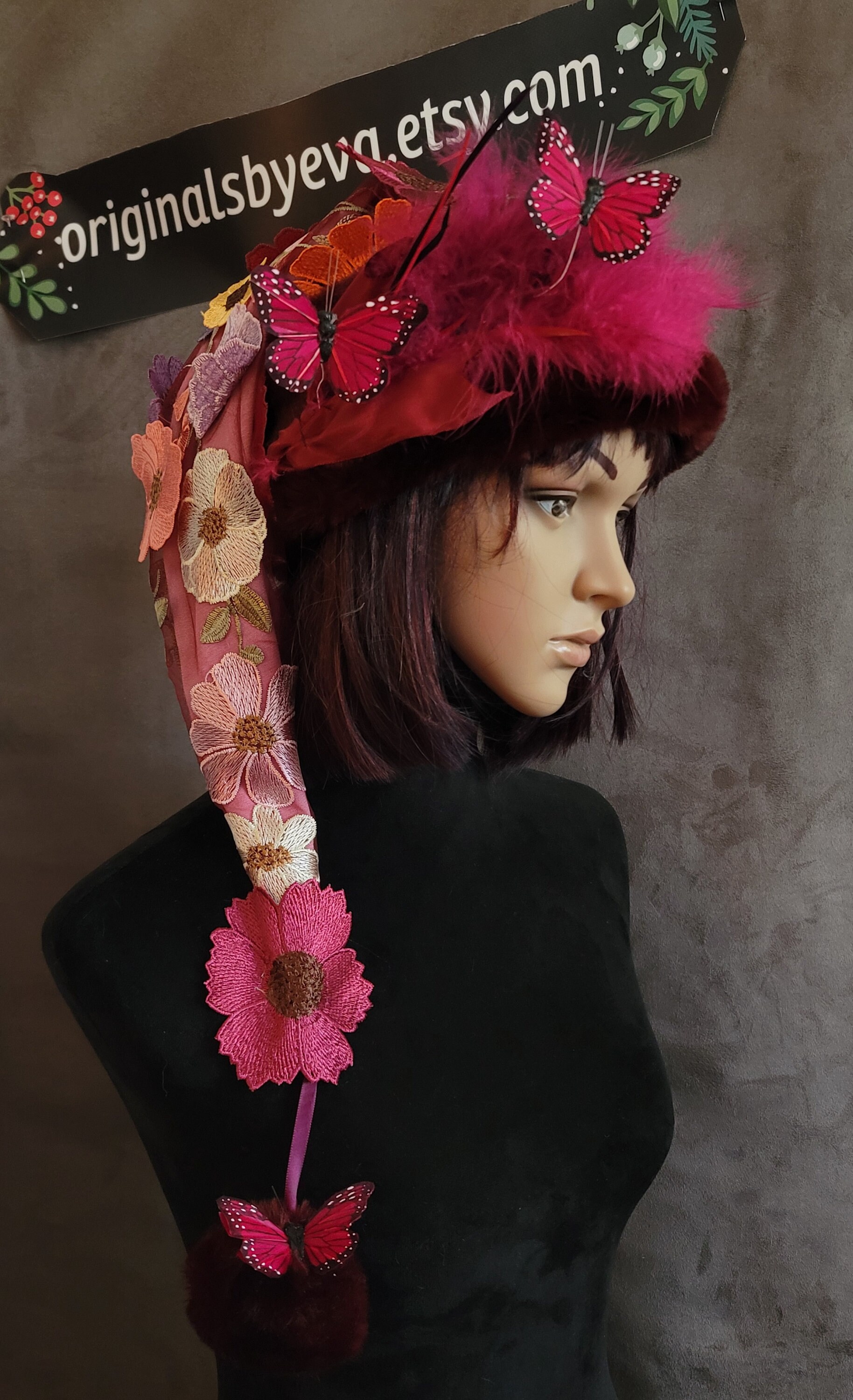 Burgundy Santa Hat With Flowers and Butterflies - Etsy