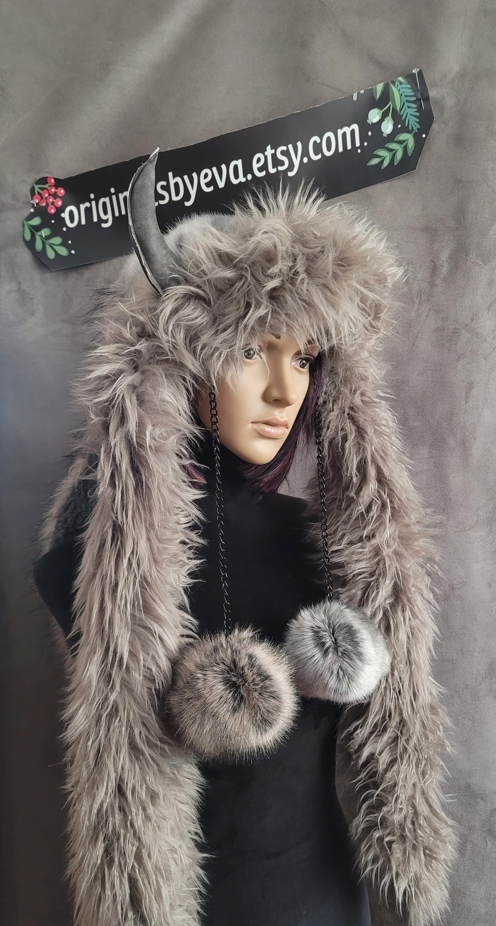 Medieval Warrior Gray Buffalo Trapper Hat With Horns, Wooden Shield for ...