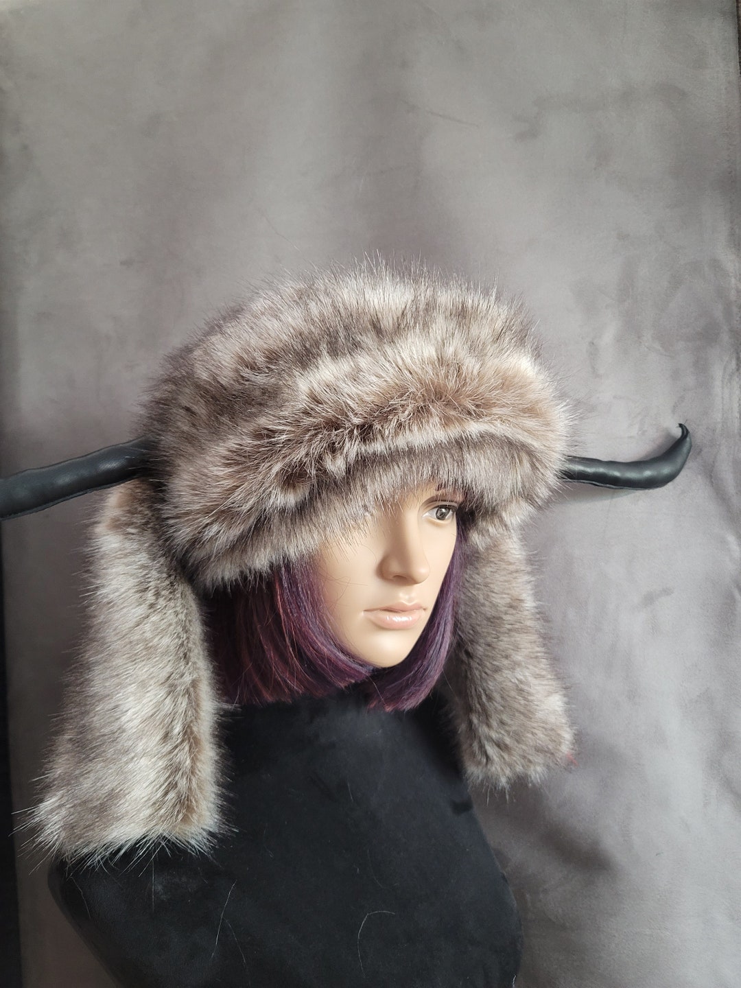 Gray Trapper Hat With Black Horns - Etsy