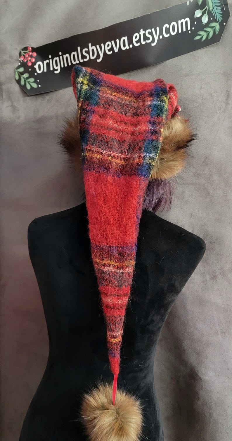 Cozy Red Plaid Mohair Santa Hat With Brown Trim - Etsy
