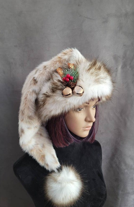 Snow Leopard Faux Fur Santa Hat With Brown and White Trim - Etsy