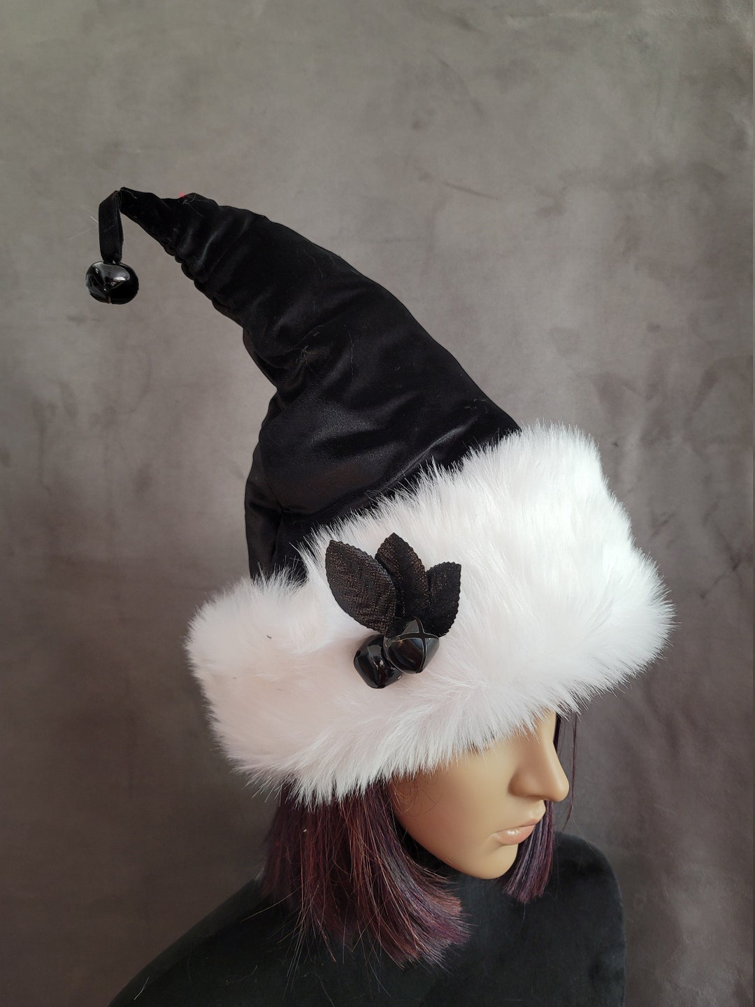 Black Velvet Elf Hat With Black Jingle Bell Pom and Faux White Mink Fur ...