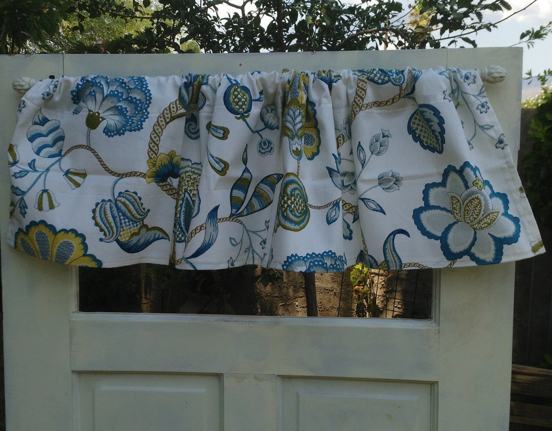 Blue and Gold Floral Valance on White Background, Fabric by the Yard - Etsy