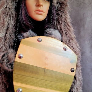 Medieval Warrior Gray Buffalo Trapper Hat With Horns, Wooden Shield for ...