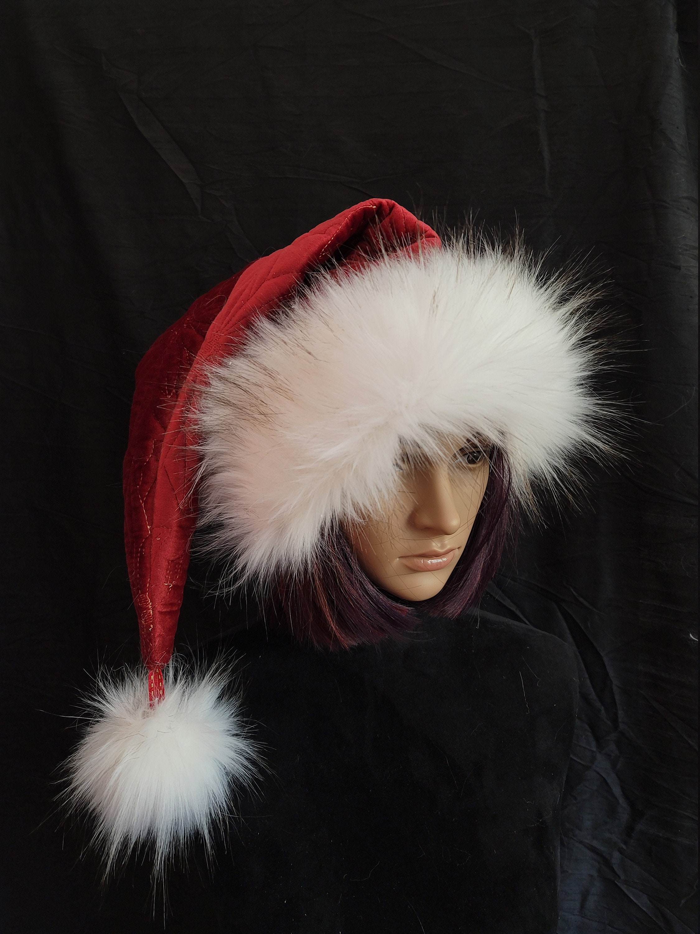 Burgundy Quilted Santa hat with White Trim Victorian Santa | Etsy