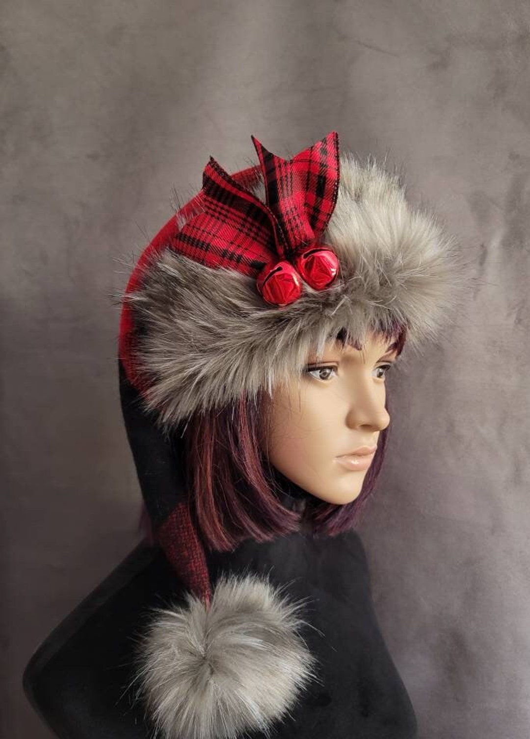 Buffalo Plaid Wool Santa Hat With Gray Fur Trim and Red Bells - Etsy