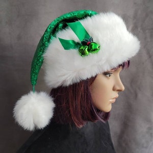 Christmas Green Sequin Santa Hat With Luxurious White Trim and Bells ...