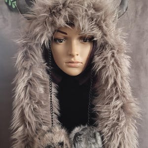 Medieval Warrior Gray Buffalo Trapper Hat With Horns, Wooden Shield for ...