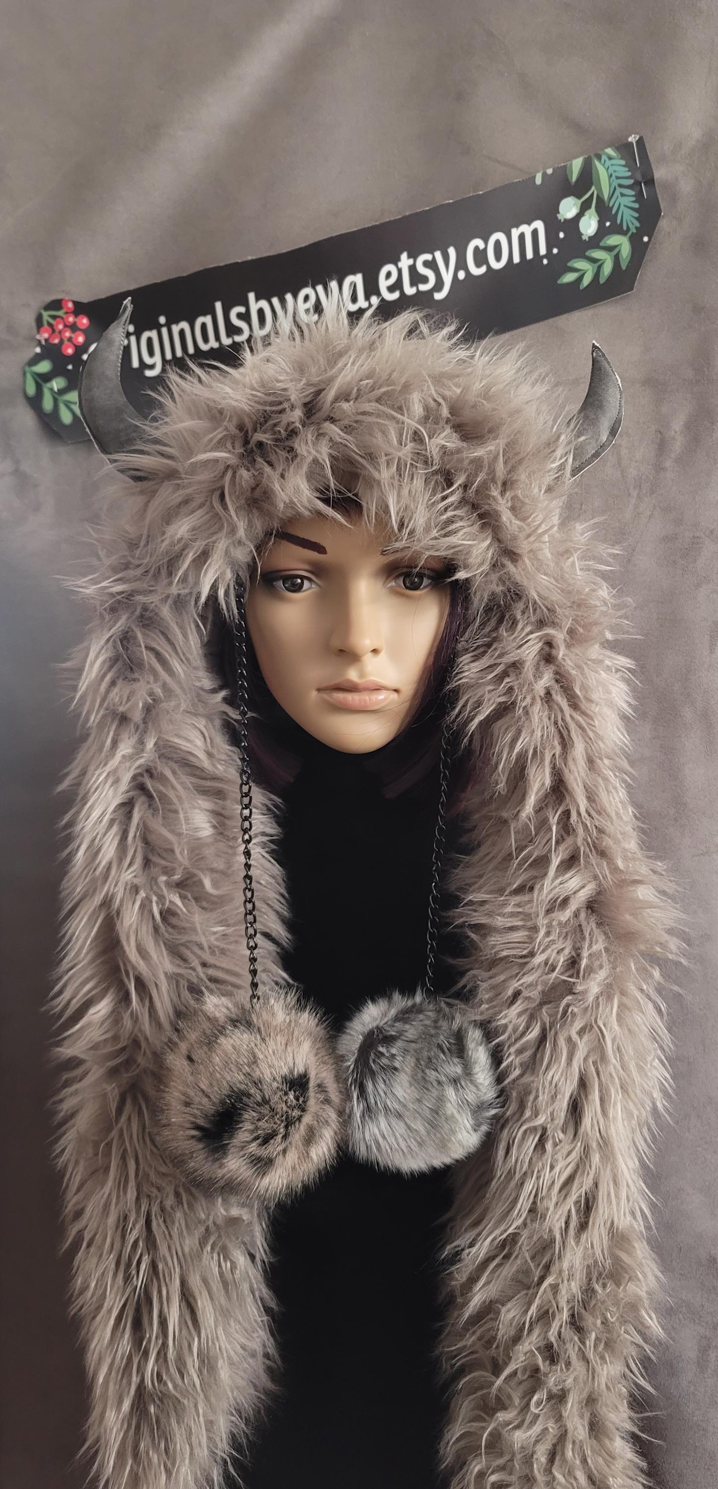 Medieval Warrior Gray Buffalo Trapper Hat With Horns, Wooden Shield for ...