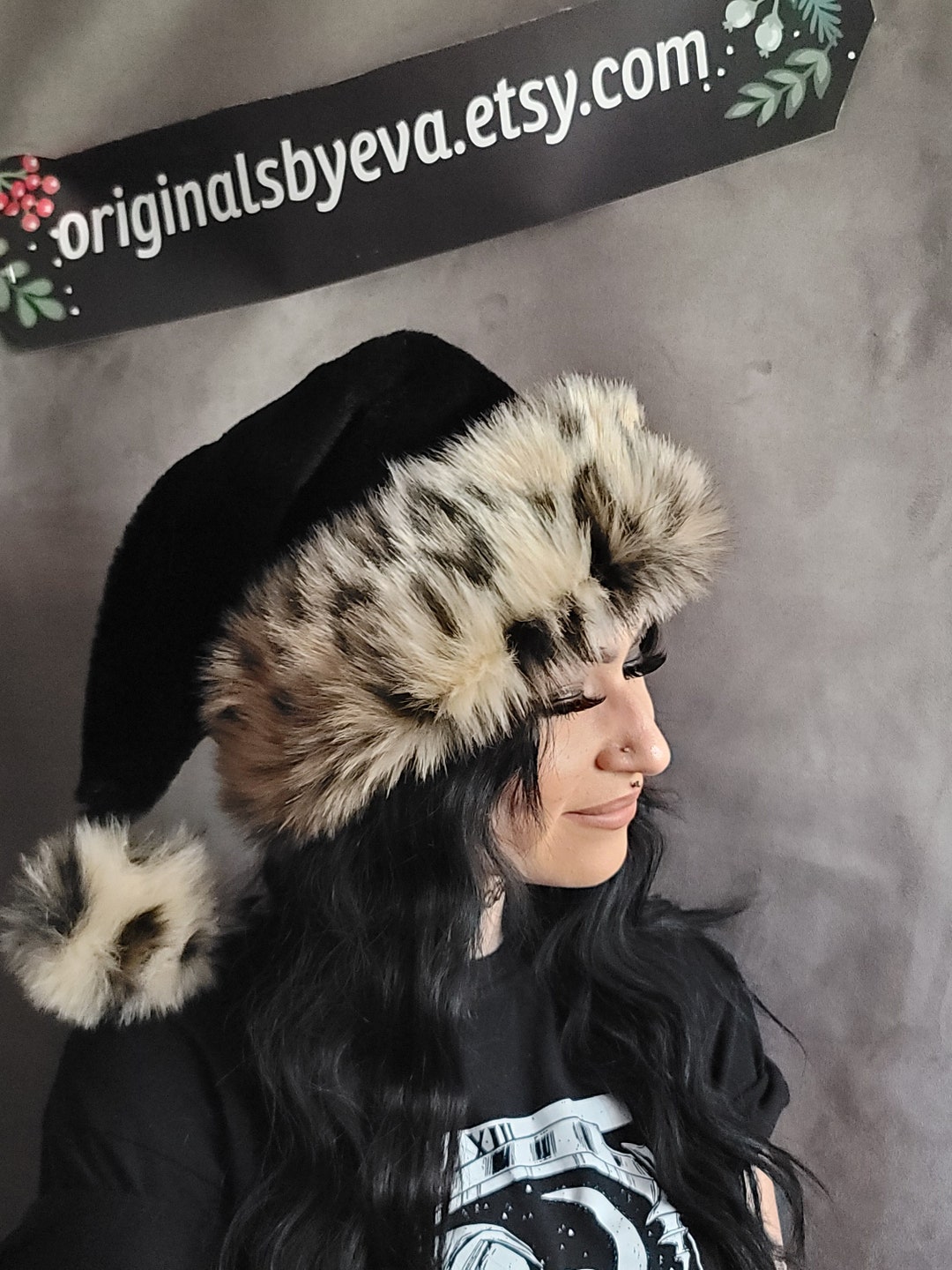 Black Santa Hat With Faux Leopard Trim and Gold Bells - Etsy