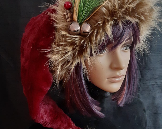 Burgundy Santa Hat With Brown Wolf Trim, Old World Style Santa Hat With ...