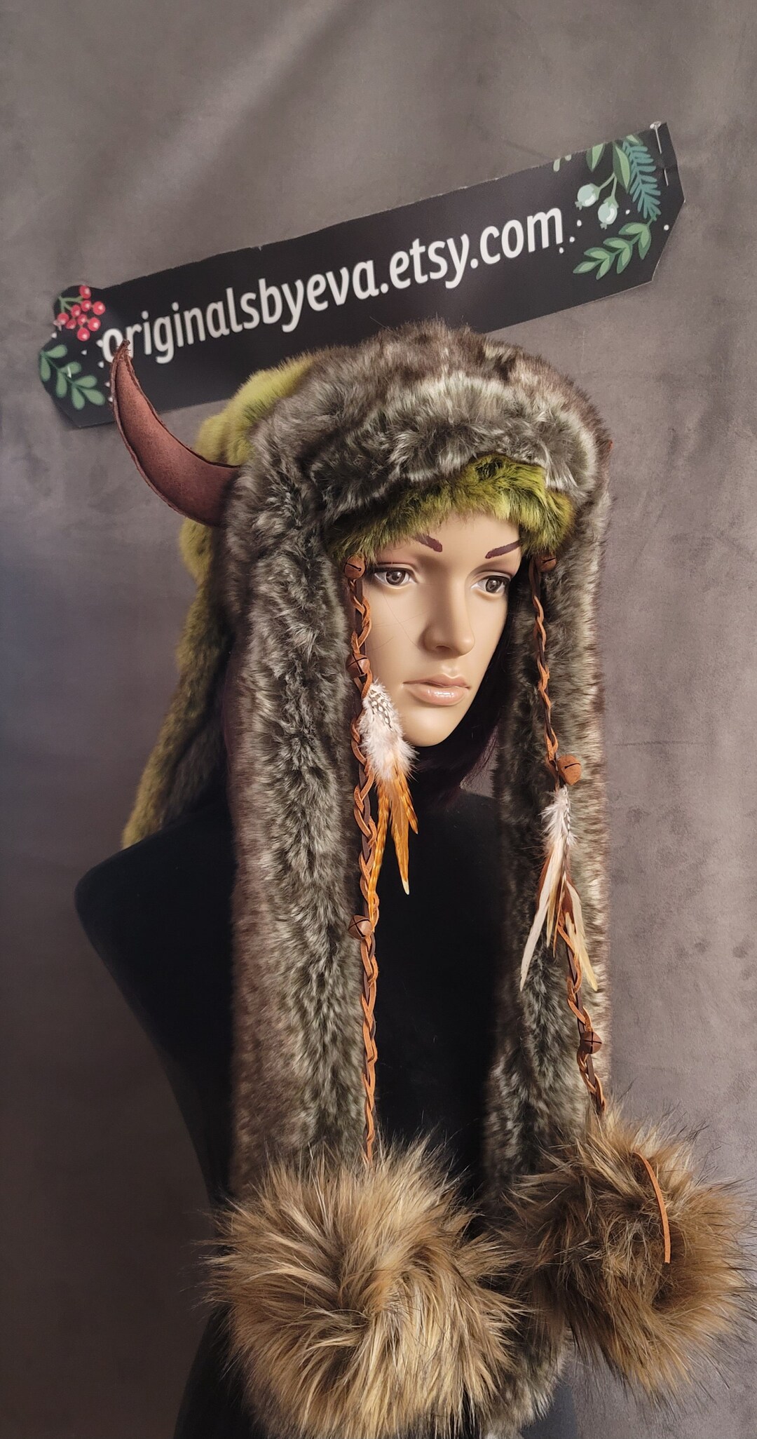 Forest Nymph Trapper Hat With Brown Horns Green and Brown Viking Trapper Hat With Horns Horned ...