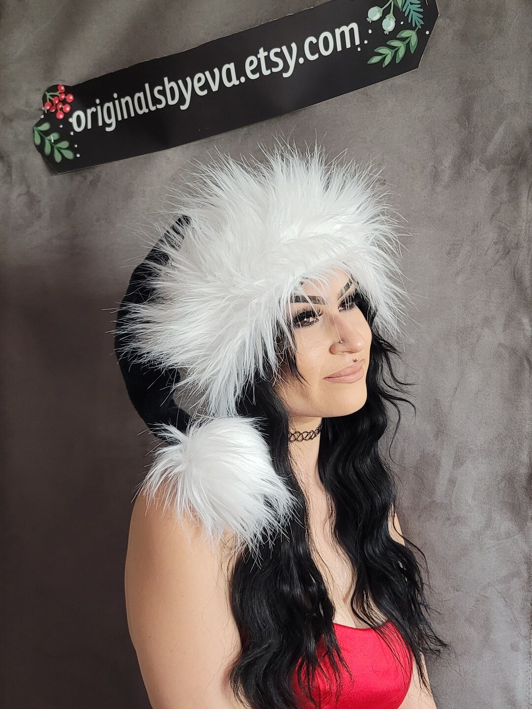 Black Santa Hat With White Arctic Fox Trim - Etsy