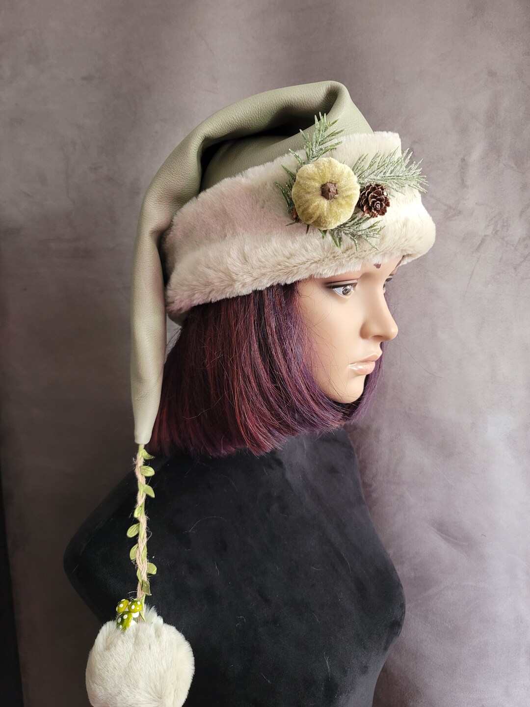 Sage Green Leather Santa Hat With Soft Green Fur Trim All Green - Etsy