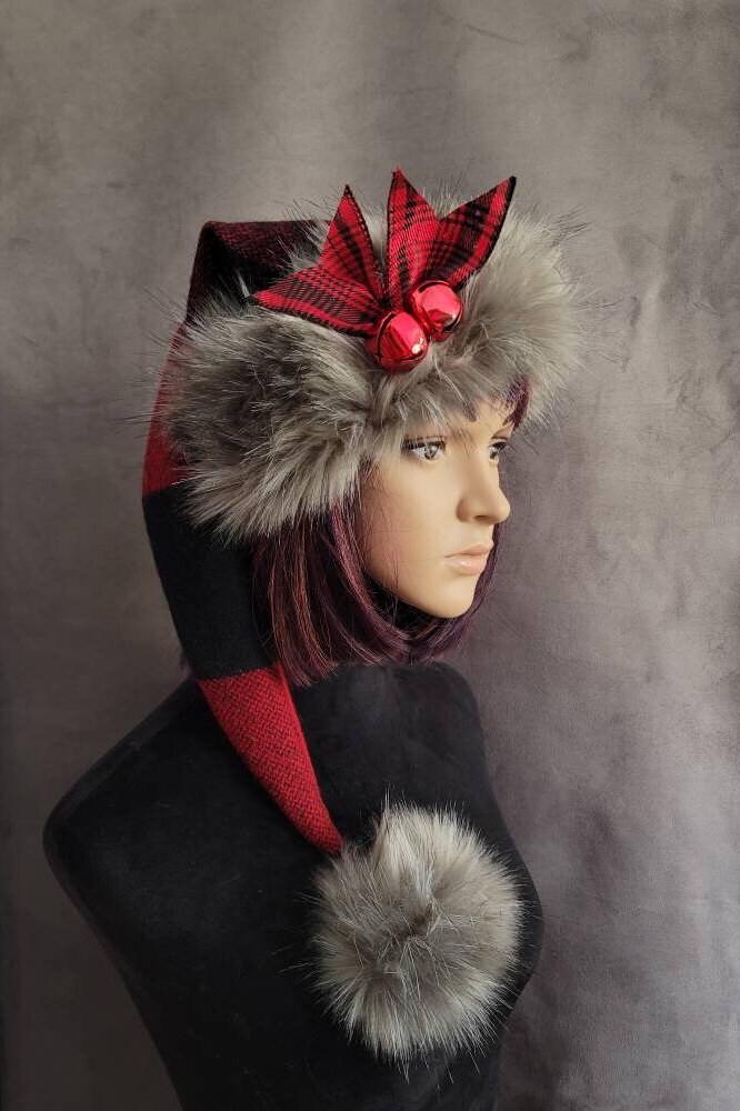 Buffalo Plaid Wool Santa Hat With Gray Fur Trim and Red Bells - Etsy