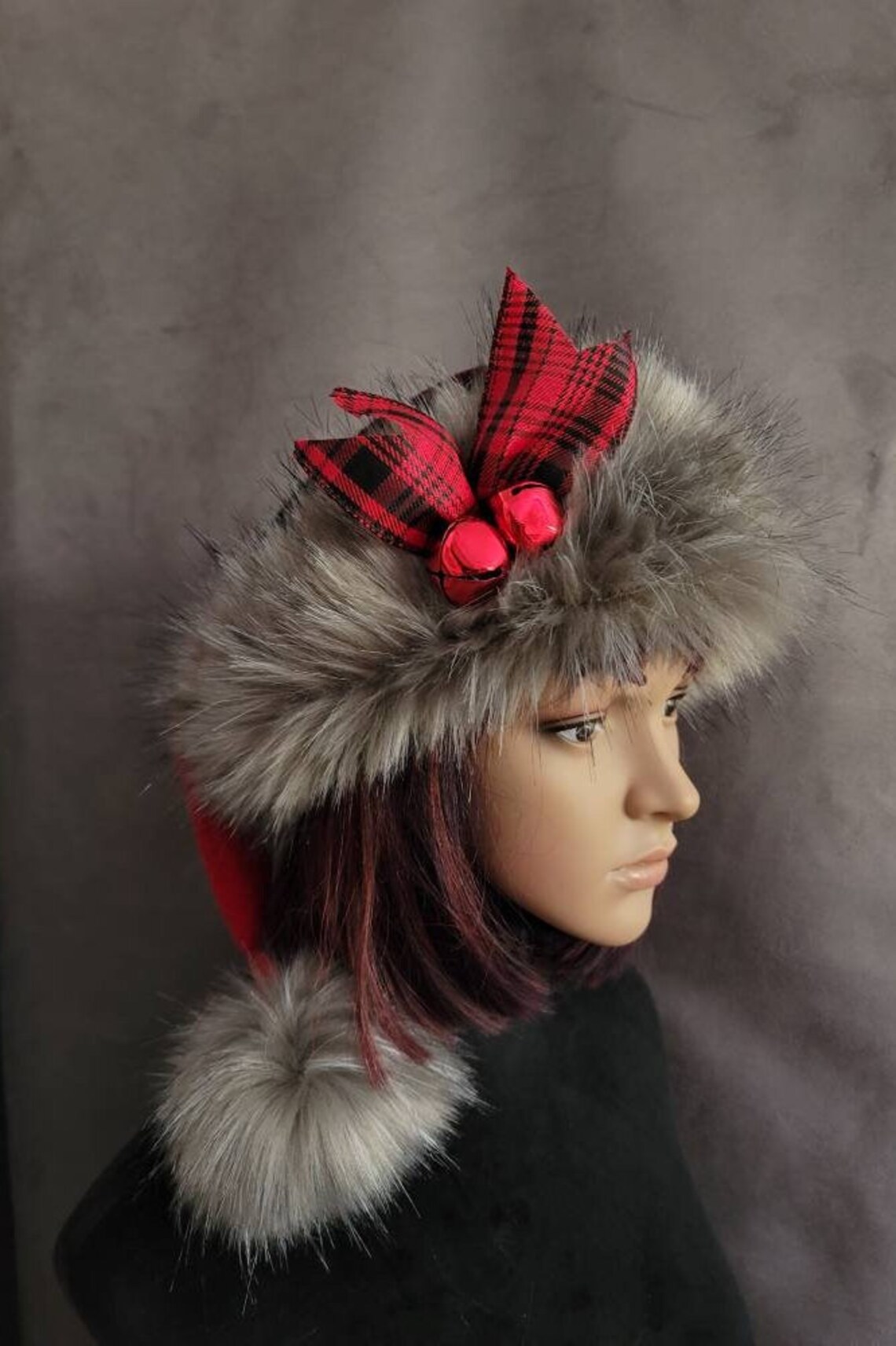 Buffalo Plaid Wool Santa Hat With Gray Fur Trim and Red Bells - Etsy
