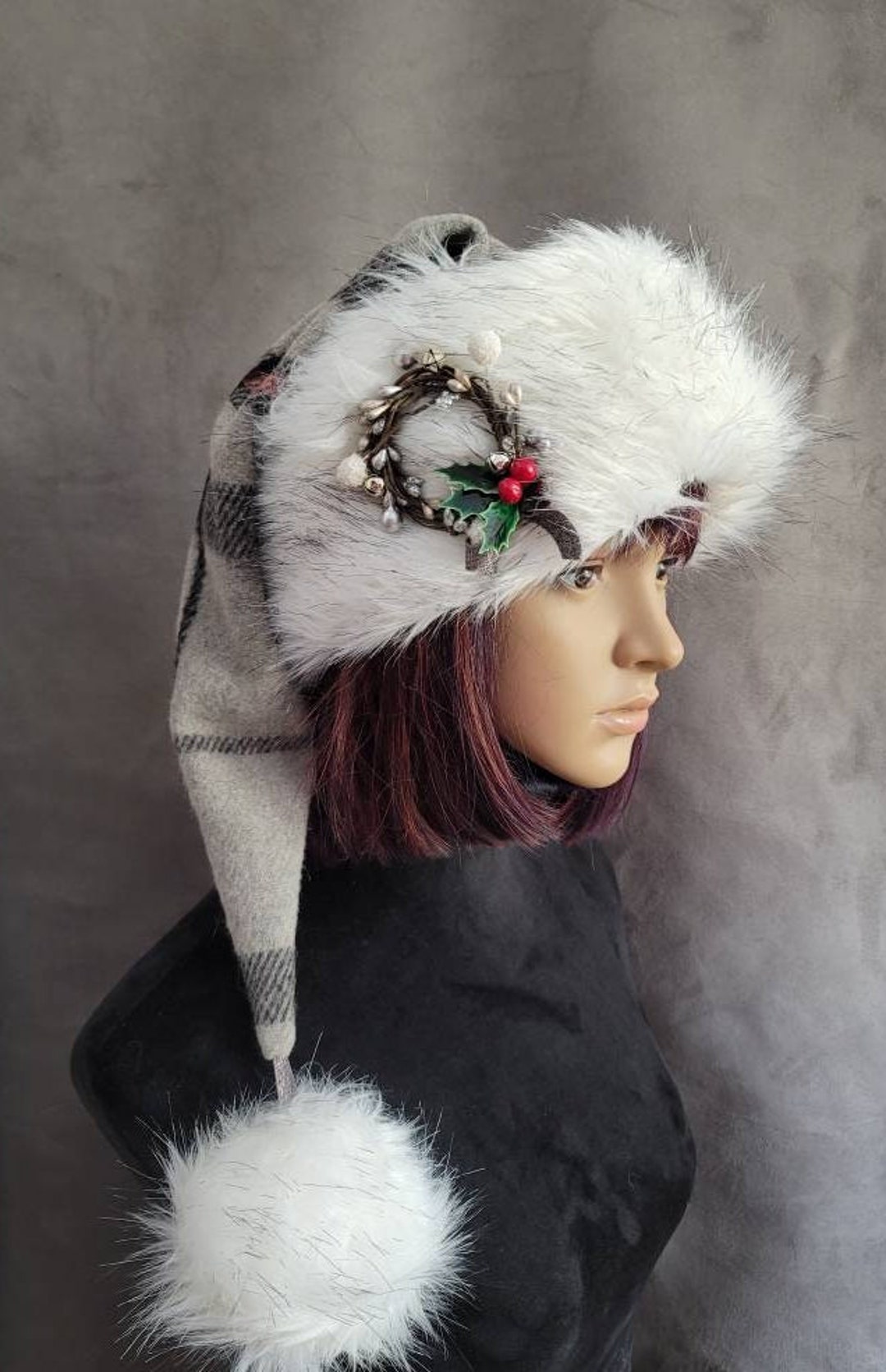 Gray Plaid Wool Santa Hat With Faux Husky Trim - Etsy