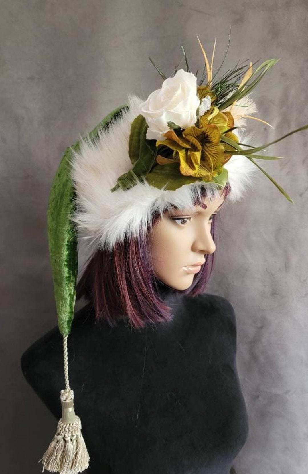 Mossy Green Velvet Victorian Santa Hat With Tassel Pom - Etsy