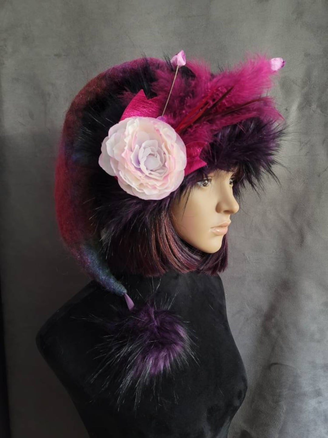 Mohair Plaid Victorian Santa Hat in Purples and Pinks - Etsy