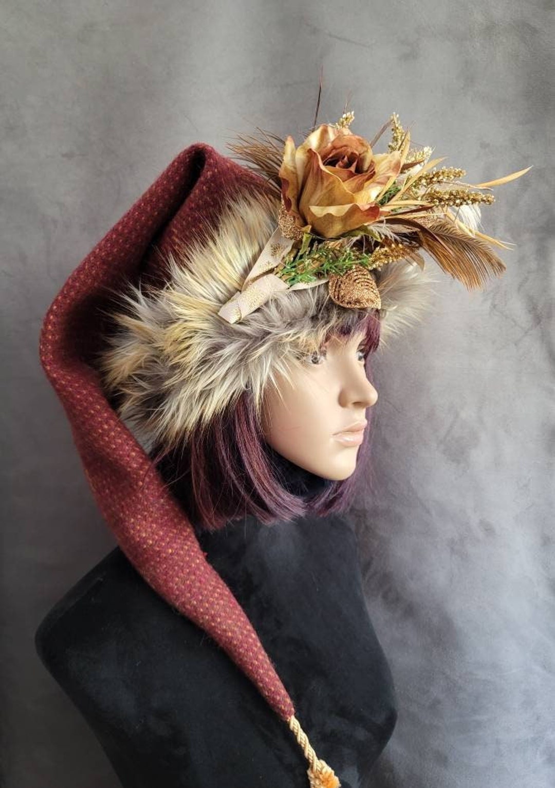 Victorian Santa Hat in Burgundy Wool With Glass Beaded Tassel - Etsy