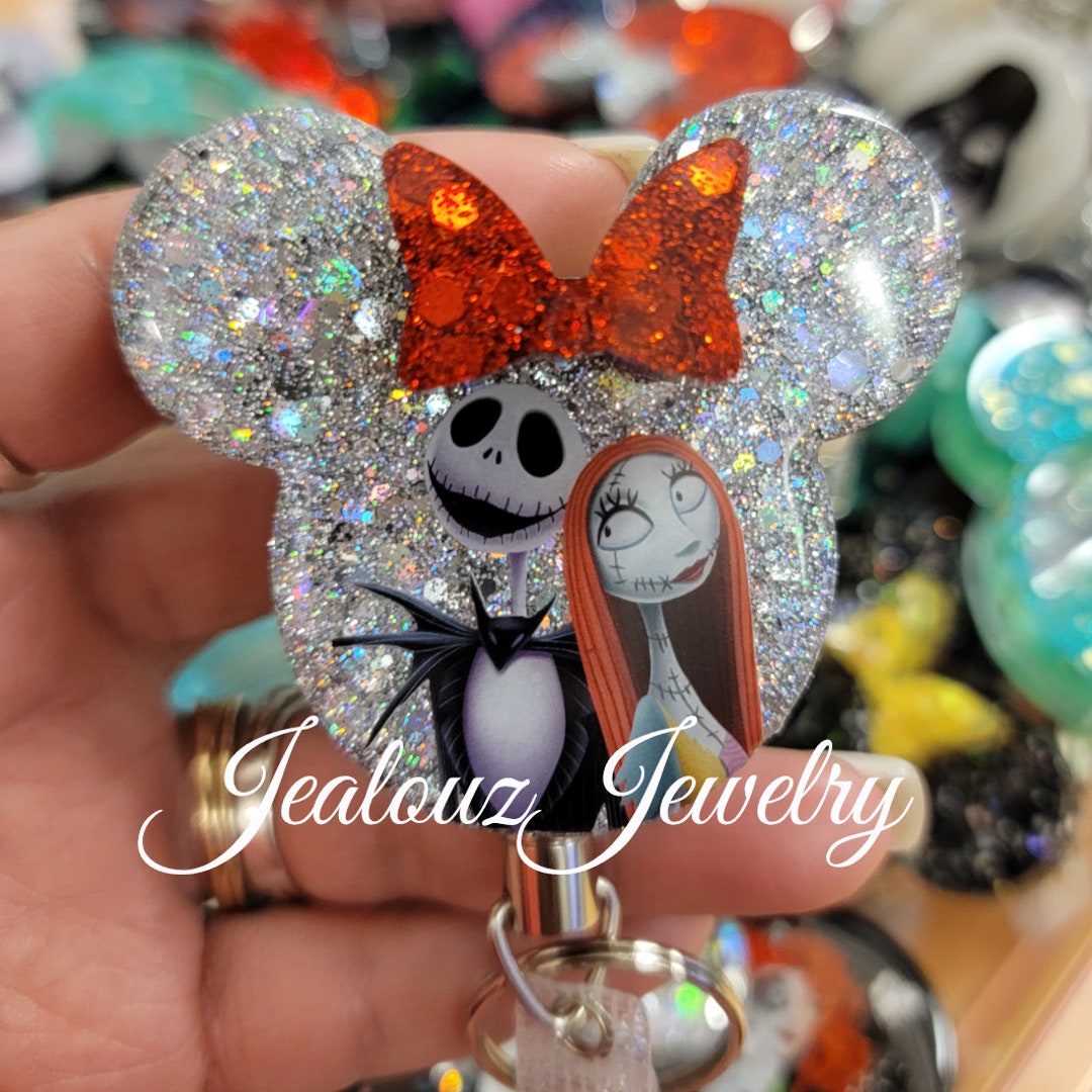 Minnie Mouse Jack Skellington & Sally Glitter Heavy Duty ID Badge Reel ...